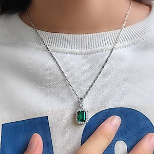 DovEggs Elongated Emerald Cut Moissanite Pendant for Women Center 3ct 7x9mm Zambia Emerald Halo Infinity Pendant Necklace with Moissanite Accents 14K Gold QUALITY Sterling Silver