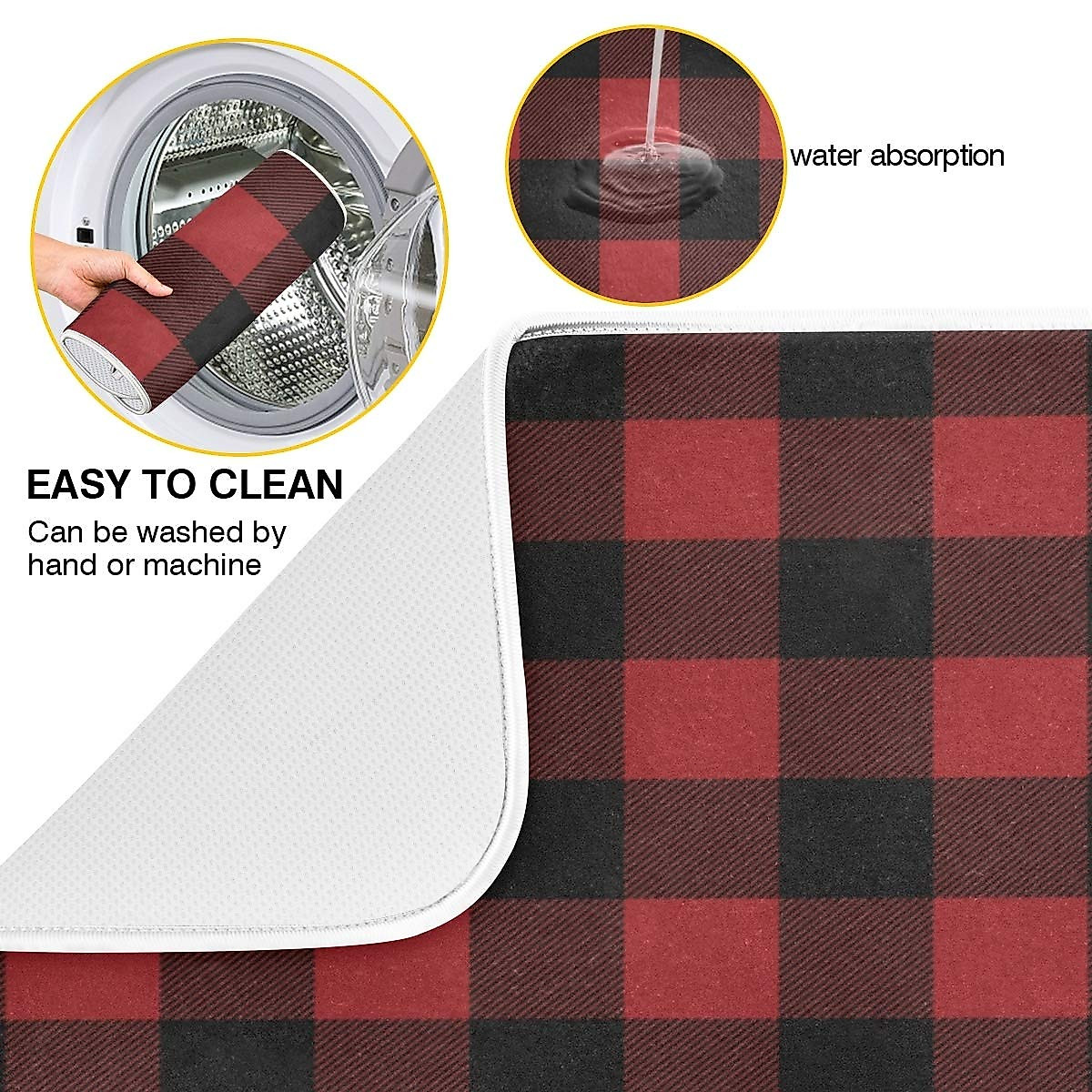Red and Black Buffalo Plaid Dish Drying Mat 16x18 for Kitchen Merry Christmas Winter Xmas Dishes Pad Dish Drainer Rack Mats Absorbent Fast Dry Kitchen Accessories