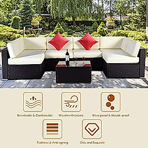 Tangkula 7 pcs Wicker Furniture Set Rattan Wicker Sofas Garden Lawn Patio Sectional Furniture Set Conversation Set with Weather Resistant Coffee Table and Cushioned Seat (Beige Cushion in Glass)