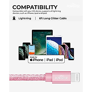 LIQUIPEL Powertek Glitter MFi Certified Charger Compatible for Apple iPhone, iPad, 6ft Cable, Lightning to USB Cable Cord, Fast Charging Lightning Cable (Pink)