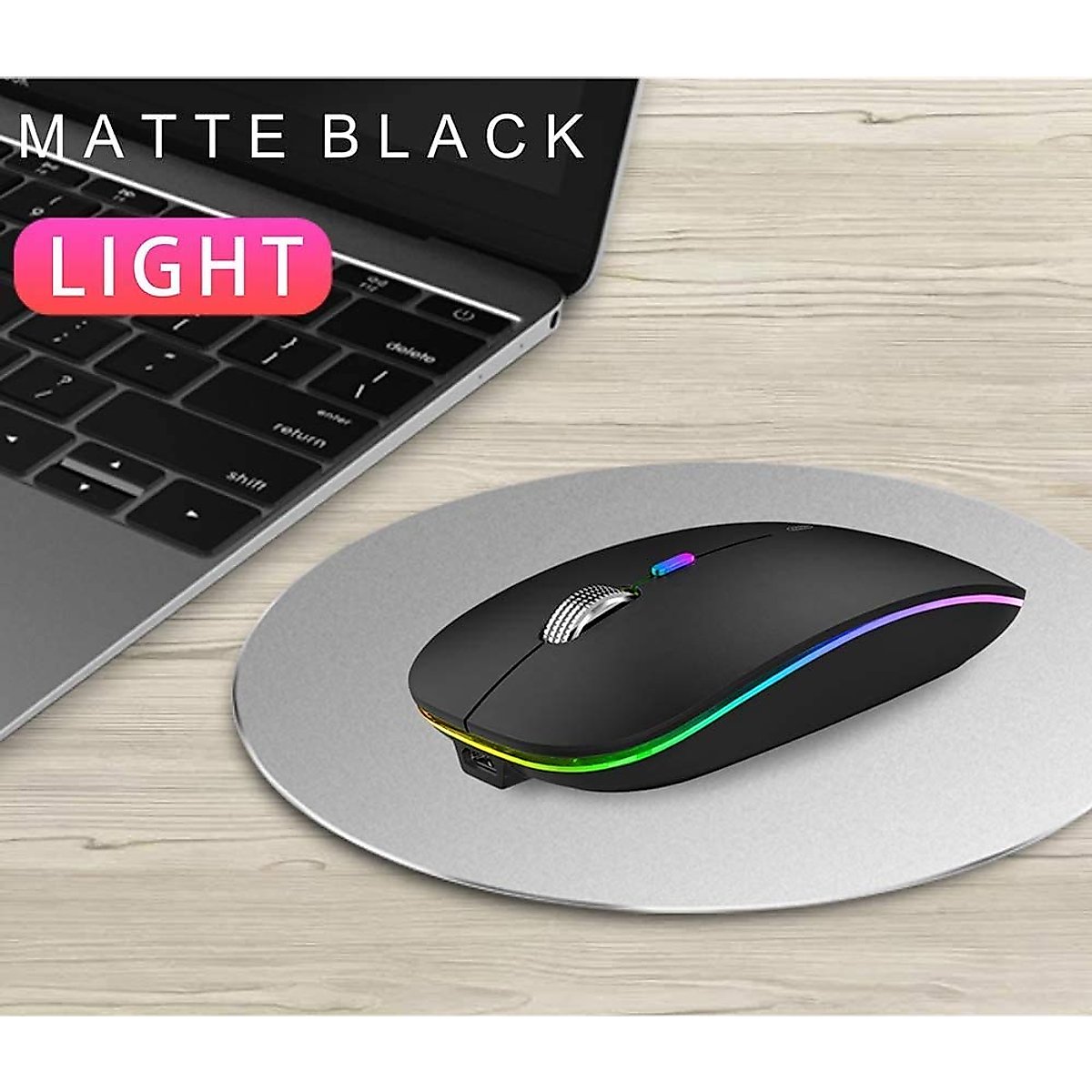 TENMOS Wireless Bluetooth Mouse, LED Slim Dual Mode (Bluetooth 5.1 + USB) 2.4GHz Rechargeable Silent Bluetooth Wireless Mouse with Type C Adapter for Laptop/Macbook/iPad OS 13 and above (Matte Black)