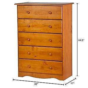 Copper Grove Palace Imports 100% Solid Wood 5-Drawer Chest with Metal or Wooden Knobs Honey Pine Stained Light Wood
