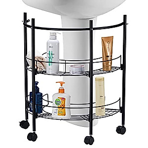 L&H Unico Pedestal Under the Sink Rack with 2 Storage Shelves Metal Bathroom Organizer with Wheels and Towel Holder, Black