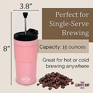 Portable French Press Travel Mug (15oz) - Stainless Steel & Double Wall Vacuum Pink Coffee Maker – Single Serve French Press for Travel, Home, Office, or Camping - No Leak Coffee or Tea Press Tumbler