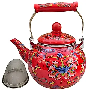 Kichvoe Water Bottles Ceramic with Infuser 2.2L Boiling Vintage Floral Tea Kettle Coffee Pot Porcelain Water Kettle for Stovetop Induction Cooker No Whistling Red