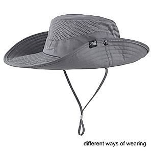 Mukeyo Womens Ponytail Sun Hat Summer Foldable Wide Brim Outdoor UV Protection Mesh Bucket Cap for Beach Fishing Hiking Gardening Grey