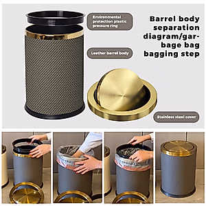 YOJIA 9L/2.4Gal Gold Trash Can with Swing Cover,Creative Shake Lid Leather Garbage Can, Garbage Can for Kitchen,Bathroom,Living Room,Office (9L-Checked Grey)