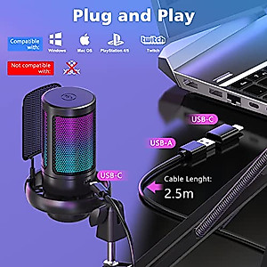 NJSJ USB Gaming Microphone for PC, Condenser Mic with Boom Arm for PS4/ PS5/ Mac/Phone with Touch Mute, RGB Lighting,Gain knob & Monitoring Jack for Streaming,Podcasting,YouTube
