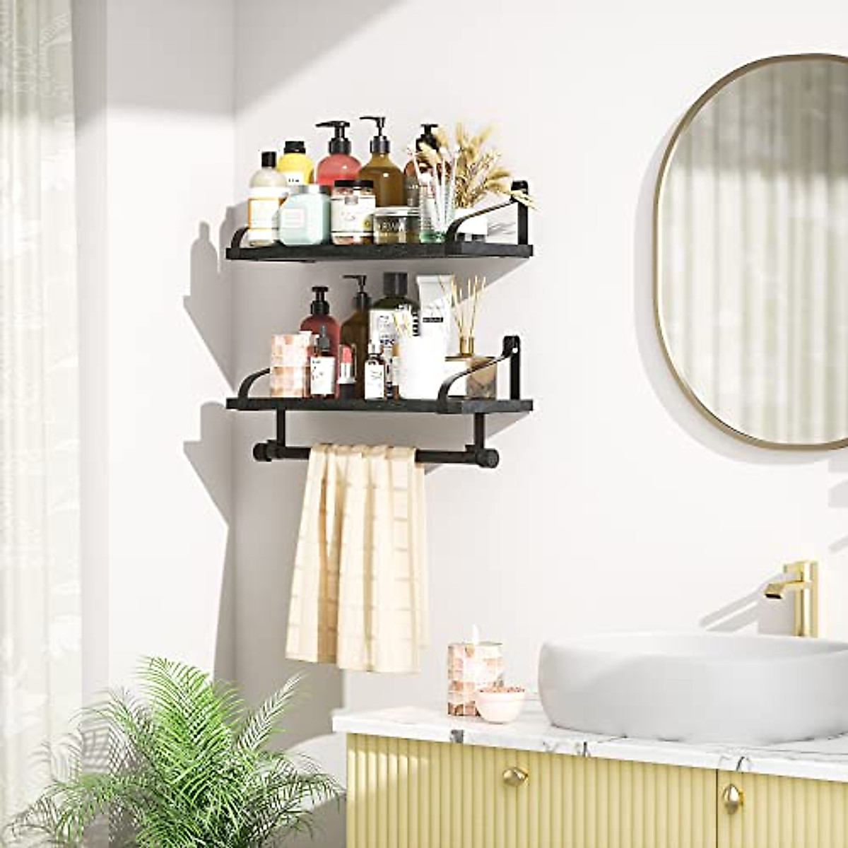 Love-KANKEI Floating Shelves for Coffee Bar,Bathroom Shelves with Towel Bar, Wall Shelves with 8 Hooks for Kitchen, 17.3 Inch Storage Shelves Set of 2 for Bedroom,Living Room，Black