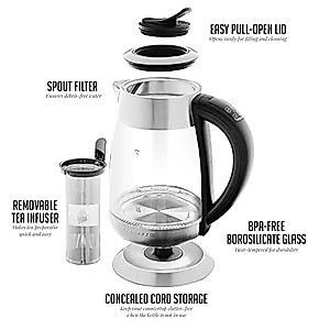 OVENTE Electric Glass Kettle Hot Water Boiler 1.8 Liter BPA Free - 1500W w/Stainless Steel Infuser, Set Temperature Control, Auto Shut Off, Portable Fast Instant Heater for Coffee & Tea - KG661S