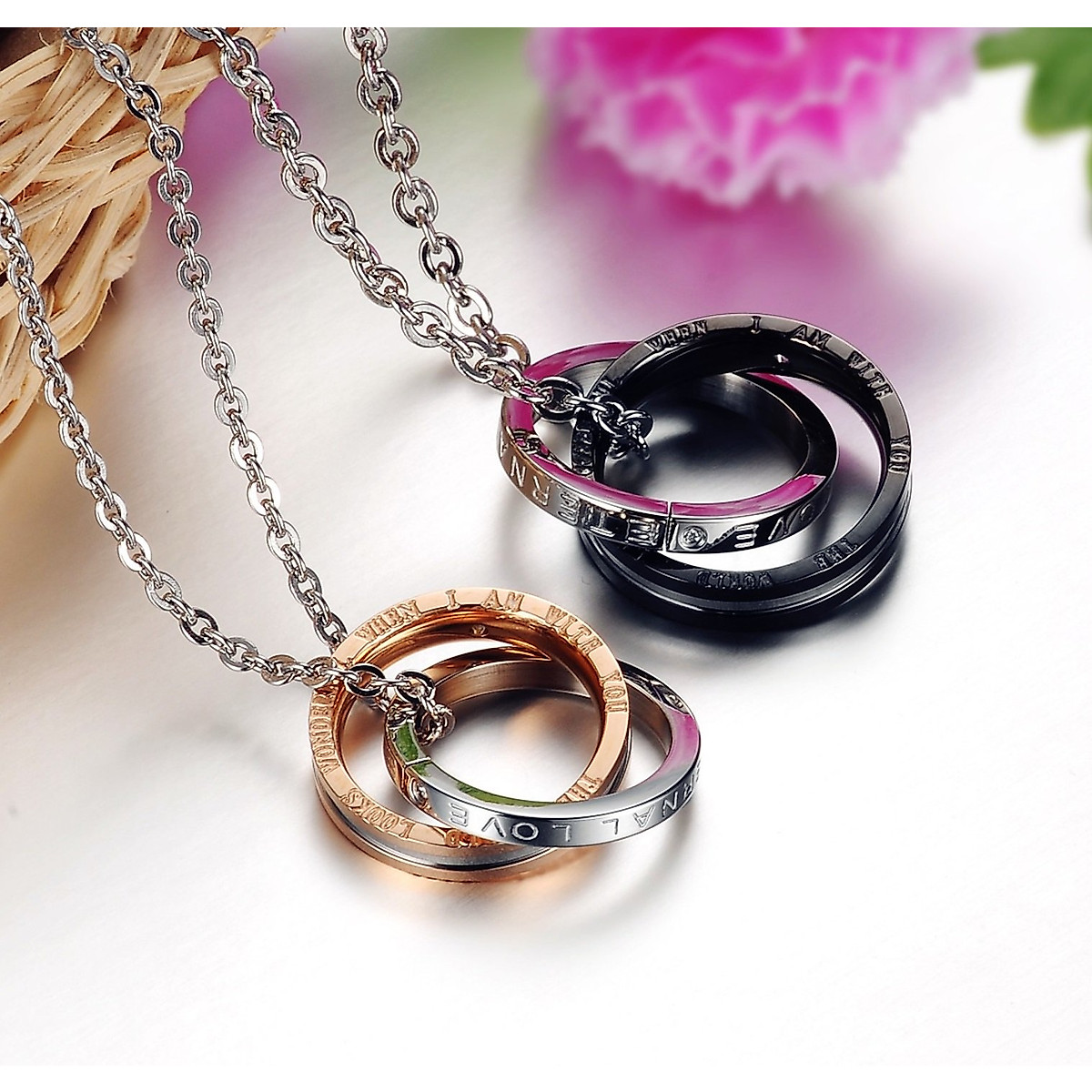 His & Hers Matching Set Titanium Stainless Steel Couple Pendant Necklace Korean Love Style with a Lucky Bean