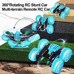 TRIPLEFINE Remote Control Car for Boy 8-12, 2.4GHz LED Fast RC Stunt Car, 4WD Double Side 360° Rotating RC Truck with Rechargeable Battery(Bule)