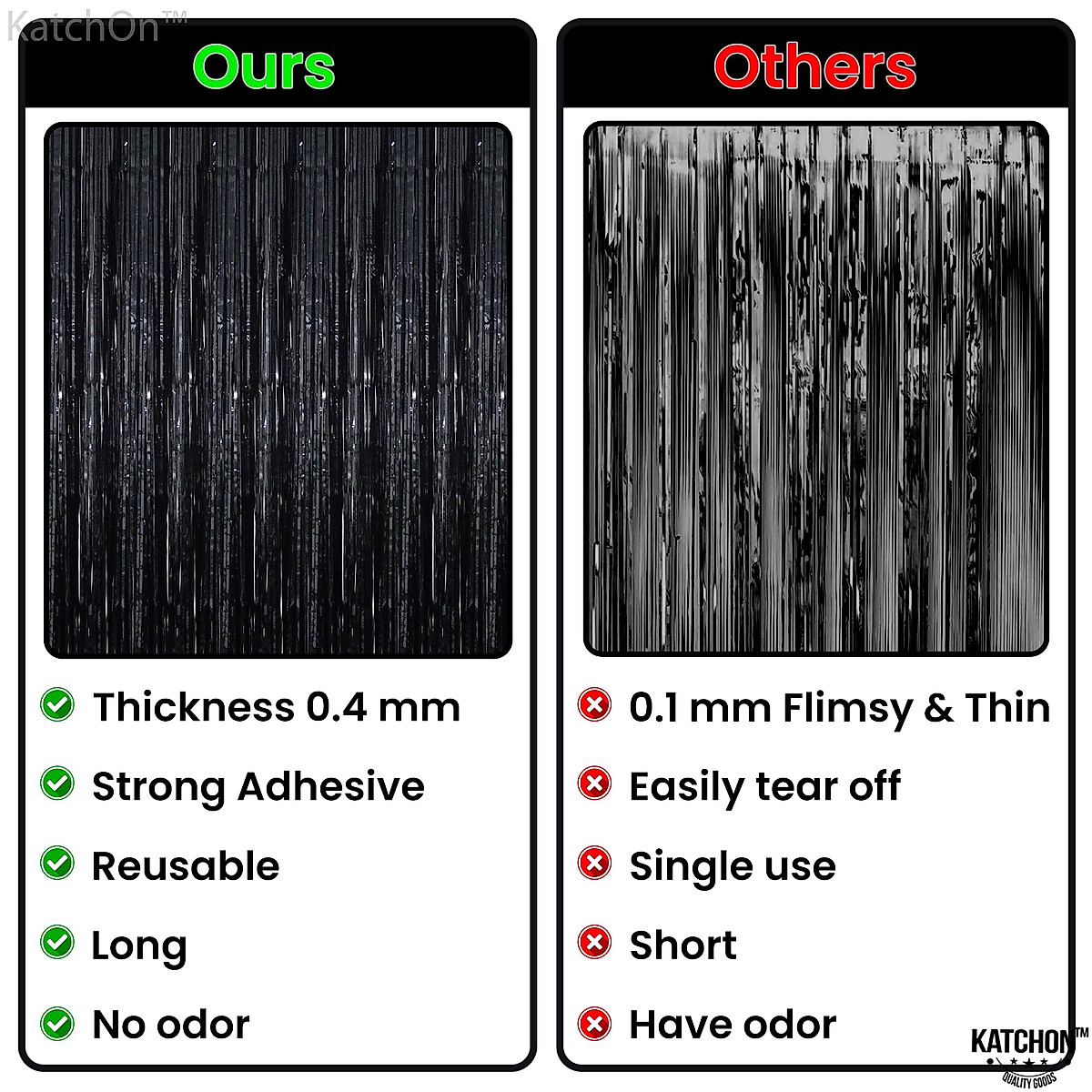 KatchOn XtraLarge Foil Black streamers - 3.2x10 Feet, Pack of 2 | Black Backdrop for Black Birthday Decorations | Black Backdrop Curtain, Black Fringe Backdrop for Graduation Decorations Class of 2024