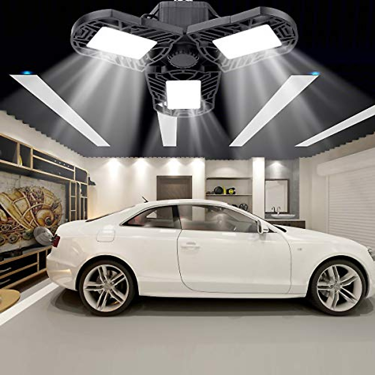 RUNDA LED Garage Lights, 60W Deformable Garage Ceiling Light 6000LM E26 Basement Light with 3 Adjustable Panels LED Light Bulbs for Workshop, Barn, Warehouse and More