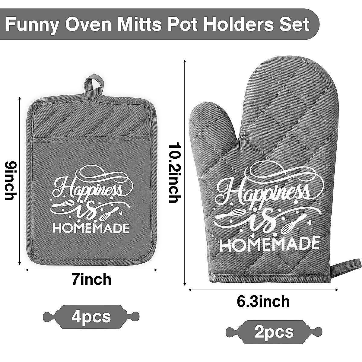 GROBRO7 6Pcs Cotton Oven Mitts and Pot Holders Set Happiness is Homemade Heat Resistant Hot Pad Machine Washable Microwave Gloves with Hanging Loop Pocket Potholder for Kitchen Baking Cooking Grilling