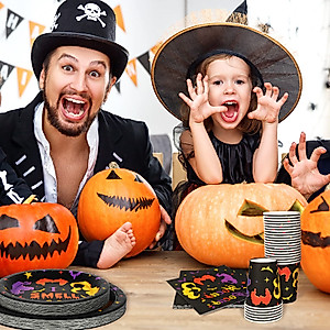 Whaline 100Pcs Halloween Tableware Set Hocus Pocus Disposable Dinnerware Set 50Pcs Paper Plates 25Pcs Napkin 25Pcs Cups for Halloween Party Witch Theme Party Supplies Table Decorations