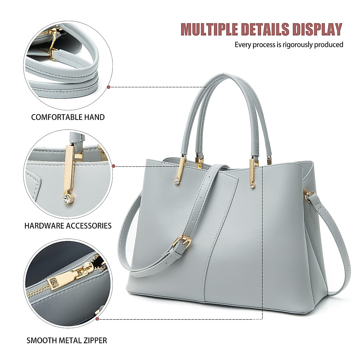 HENG REN Women's Handbags Shoulder Bags,Upgraded Version Medium Classical Style Purses Top Handle Satchel Bag for daily. (Cement Grey)