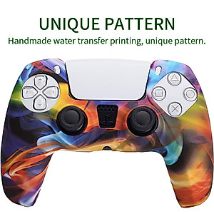 Skin Cover for Sony PS5 Dualsense Controller, Colourful Silicone Protecte Case Printing Cool Flowing Flame, with Pro Thumb Grips x 12