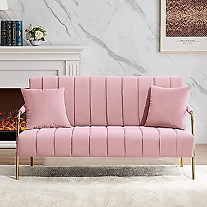 60" Contemporary Loveseat Sofa with 2 Pillows Modern Upholstered Twin Size Small Loveseat Couch Accent Sofa for Small Spaces Cashmere Sofa Couch with Golden Metal Legs for Bedroom Living Room (Pink)