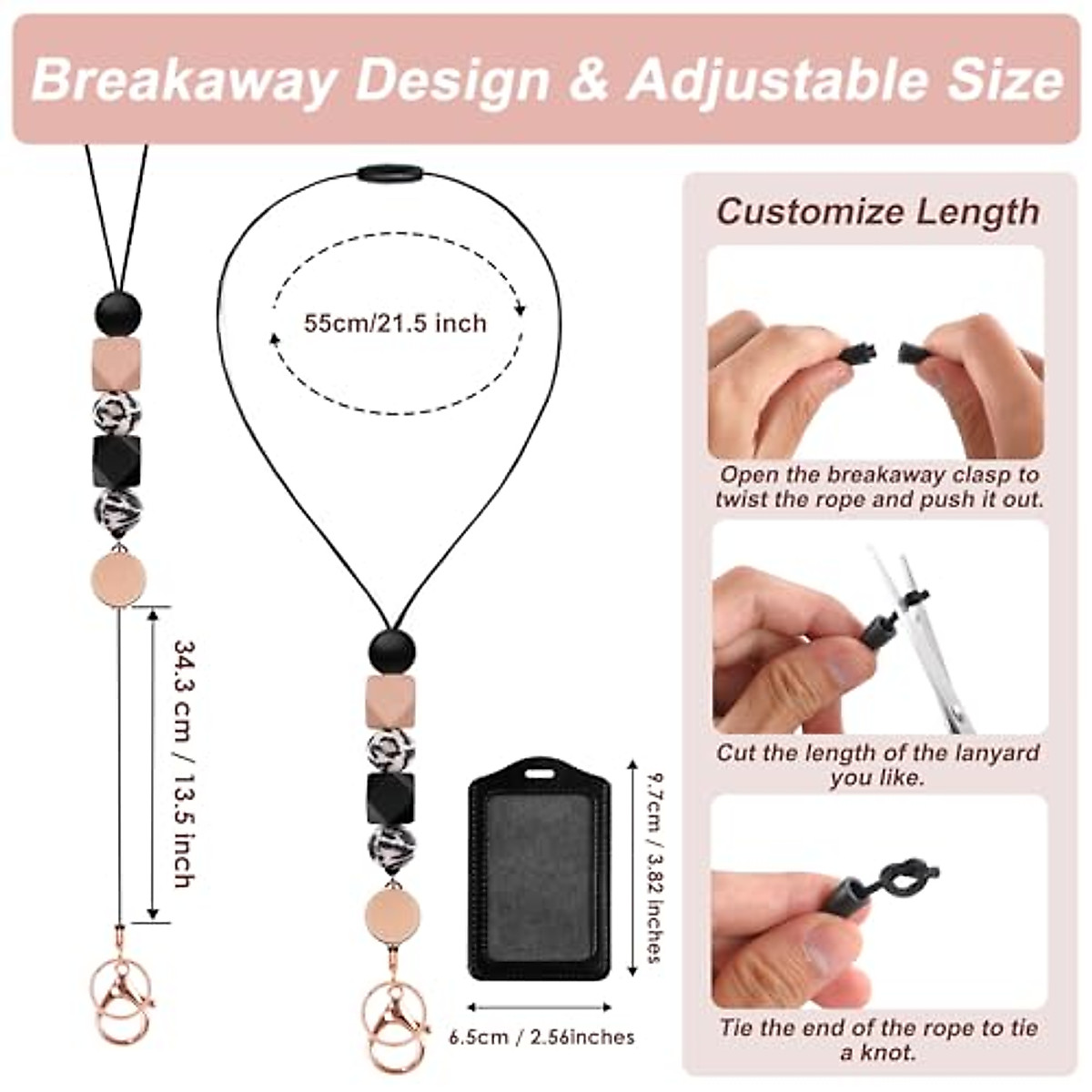 kioooki Rectractable Lanyards for ID Badges and Keys with ID Holder, Cute Beaded Teacher Lanyard with Badge Reel, Breakaway Cruise Lanyard for Women with 6 Clear Badge Holders