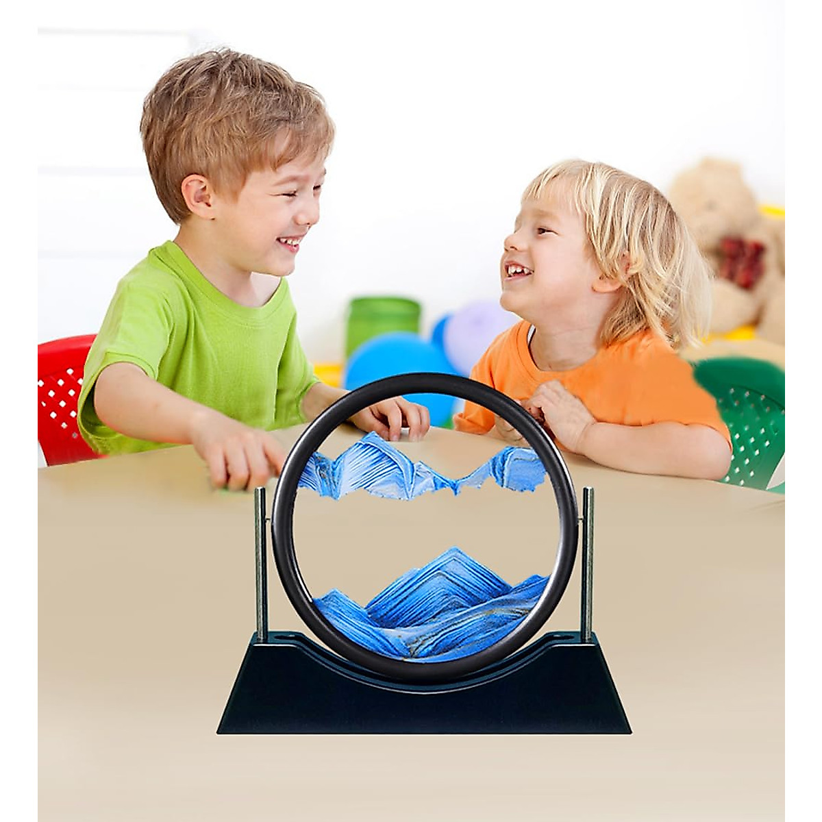 Oneshow Moving Sand Art Picture Flowing Sand Painting 3D Deep Sea Sandscape Liquid Motion Display 360° Rotation Round Glass Frame Relaxing Desktop Home Office Decor for Adult Desk Art (Blue)