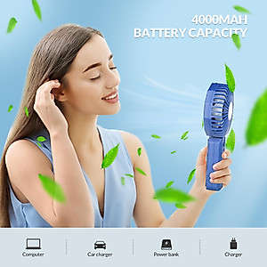mafiti Handheld Fan,Rechargeable Portable Fan with 3 Speeds,4000mAh Battery Operated Mini Hand Fan Folding for Desktop Home Office Bedroom Outdoor Travel Blue Color