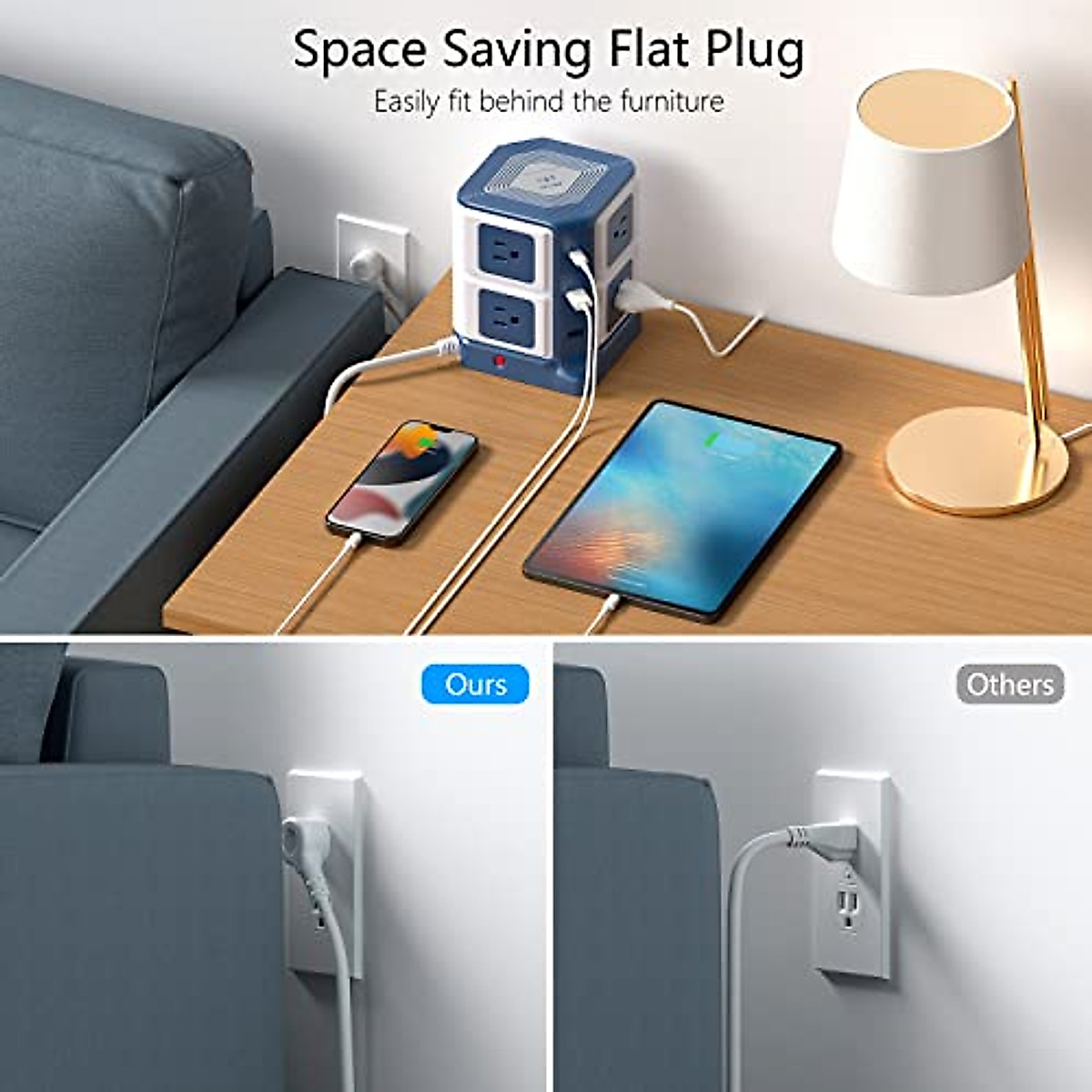 PD 20W USB C Power Strip with Wireless Charger BESTEK 8-Outlet Surge Protector and 30W 3-Port USB Charging Dock Station,4000 Joules,ETL Listed,Dorm Room Accessories (8AC+3USB+Wireless Charger-Blue)