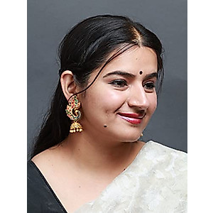 Bindhani Indian Bollywood Style Gold Toned Peacock Meenakari Jhumka Earrings For Women