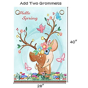 Hello Spring Flag,Spring Garden Flag Double Sided Welcome Burlap Seasonal Elk Spring House Flags 28x40 Inch Summer Yard Signs Outdoor Decor for Homes,Gardens, Patio or Lawn with 2 Grommets