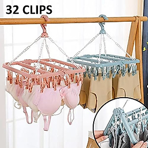 Typutomi Foldable Laundry Hanger with 32 Clips, Plastic Hanging Drying Rack Clip Hanger Drip Drying Hanger for Children Adults Clothes,Towel,Socks,Underwear,Hat,Scarf(Pink)