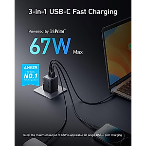 Anker Prime 67W USB C Charger, Anker GaN 3-Port Compact Fast PPS Wall Charger, For MacBook Pro/Air, Pixelbook, iPad Pro, iPhone 15/14/Pro, Galaxy S23/S22, Note20, Pixel, Apple Watch