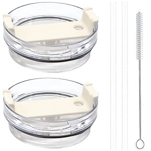 40oz Tumbler Lid Compatible for Stanley, 2 Pack Replacement Tumbler Lids Fit for Stanley Adventure Quencher 40oz Travel Tumbler with Plastic Straws and Cleaning Brush - Cream