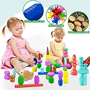 Toys for 3 Year Old Boys Girls, 36 PCS Colorful Wooden Sorting Stacking Rocks, Sensory Toys for Toddlers 3-4 Montessori Building Blocks for Kids Ages 4-8, Preschool Learning Activities for Home School