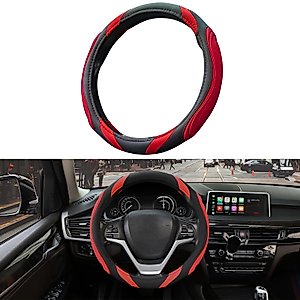 XCBYT Steering Wheel Cover - 14.5-15 Inch Car Microfiber Leather Steering Wheel Wrap Black Red Sports Fan Design Non-Slip for Man Women