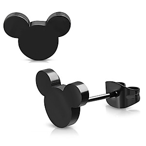 Black Stainless Steel Tiny Mouse Silhouette Button Stud Post Earrings