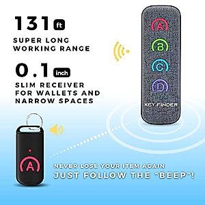Key Finder: EIRIX Wireless Item Locator with 80dB Loud Sound and 131ft Working Range, New Fabric Slim Key Tracker for Finding Key, Remote, Pet and Wallet 1 Transmitter + 4 Receivers