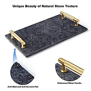 Kisspring Natural Marble Tray with Golden Embossed Handle,Stone Bathroom Tray, Decorative Tray with Metal Handle for Bathroom Kitchen Vanity Dresser Nightstand Desk, (White)