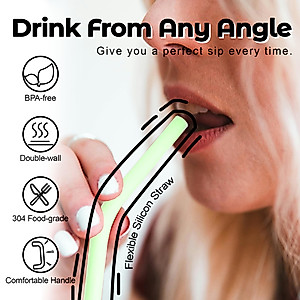 winiwo 40 oz Tumbler with Handle and Straw for Her, Flexible Straw, Insulated Tumbler Cups with Silicone Bottom, Keeps Beverages Cold Up to 24 Hours, Gym/Work/Travel/School/Gift（Bud Green）