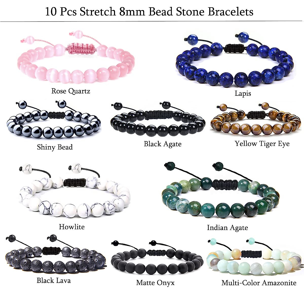 SONNYX 10PCS 8mm Semi-Precious Gemstone Bracelets Set Natural Stone Bracelets for Women Men Round Beaded Adjustable Stretch Crystal Bracelets