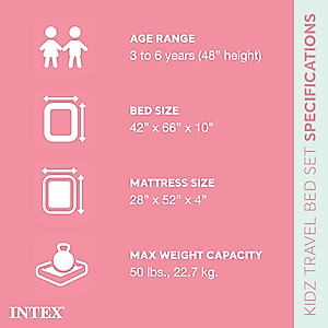 Intex 66810EP Inflatable Kidz Travel Bed Set: Includes Hand Pump and Carry Bag – Removable Mattress – Quick Inflation – Indoor Use – 28" x 52 x 4