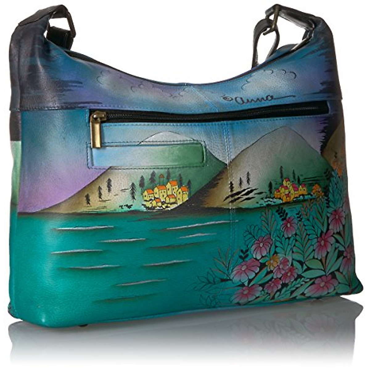 Anna by Anuschka Women's Genuine Leather Medium Shoulder Hobo | Zip-Top Organizer with Side-Zip Pockets | Moon Lit Capri