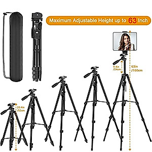63" Tripod Stand for 4"-13" Phone & Tablet, Camera Tripod Stand with Rechargeable Remote & Bag, Aluminum Professional Tripod 2 in 1 Mount & 1/4" Screw Tripods for iPhone, iPad, Camera, Projector