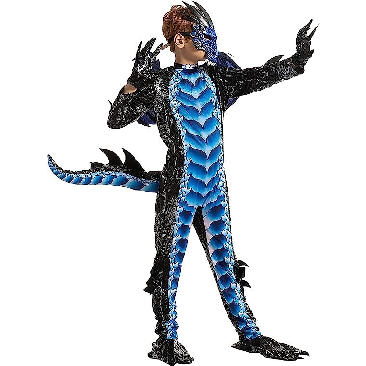 Spooktacular Creations Halloween Kids Boys Black and Blue Dragon costume, Dragon Wings and Mask for Halloween Parties, Cosplay-S(5-7yr)
