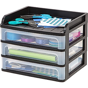IRIS USA Medium 3-Drawer Desktop Organizer with Open Tray Top, for Office, School, Stationary, Makeup Organizer, Bathroom, Utility, Medical Supplies, Desk Organizer, Versatile Storage, Black