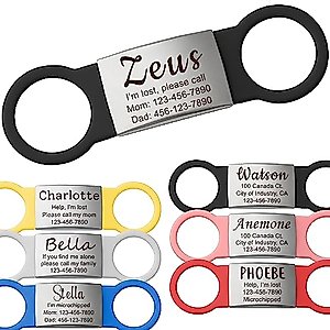 Anavia Slide On Silent Pet ID Tags, S/M/L/XL Personalized Multi-Color Silicone Band Cat Dog Name Tags, Customized Engraved Stainless Steel, Chew-Proof Quiet Dog Collar Tags (Small, Black)