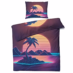 zcwl Vaporwave Duvet Cover Twin Size | Neon Sunset Palm Tree Bedding Set | 2 Piece | Soft Microfiber Patterned Comforter Cover with Zipper Ties & 1 Pillowcase | Vaporwave Bedroom & Room Decor