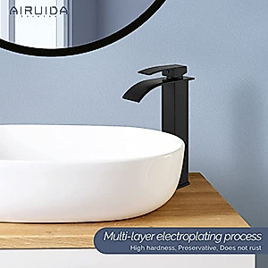 Airuida Vessel Sink Faucet Matte Black, Tall Waterfall Bathroom Faucet, Single Handle One Hole Mixer Bowl Tap with Large Rectangular Spout, Bar Sink Faucet Lavatory Vanity