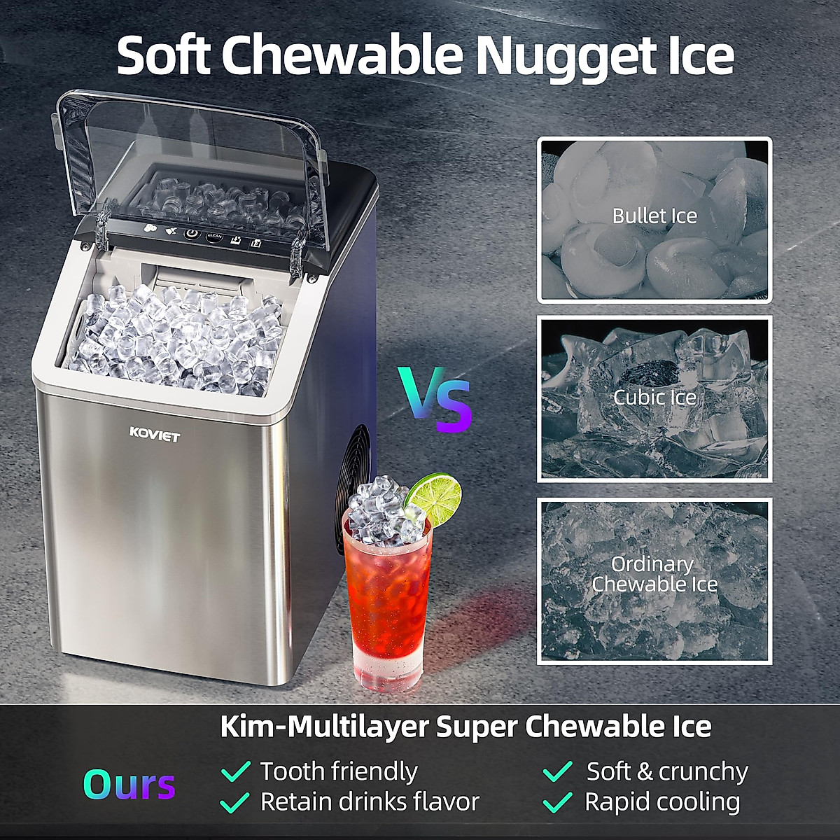 KOVIET Nugget Ice Maker Countertop, 40lbs/24H Tooth-Friendly Soft Chewable Pebble Ice Machine, Self-Cleaning with Drainpipe, Crushed Pellet Ice Makers for Home Kitchen Party, Stainless Steel