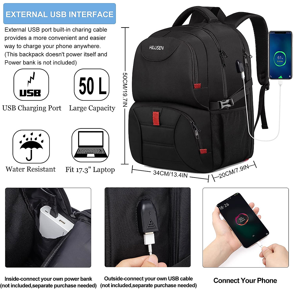 Extra Large Backpack for Men 50L,Insulated Cooler Lunch Box Backpack,17inch Travel Laptop Backpack with USB Charging Port,Water Resistant Big Capacity Computer Bag Work College School Bookbags,Black
