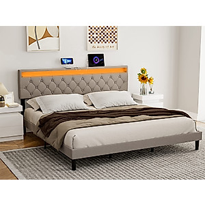 IKIFLY Upholstered King Size Headboard with LED Lights & 2 USB Ports - Adjustable Height - Button Tufted Linen Fabric Padded Headboard, Easy Assembly, King Headboard Only for Bedroom - Light Brown